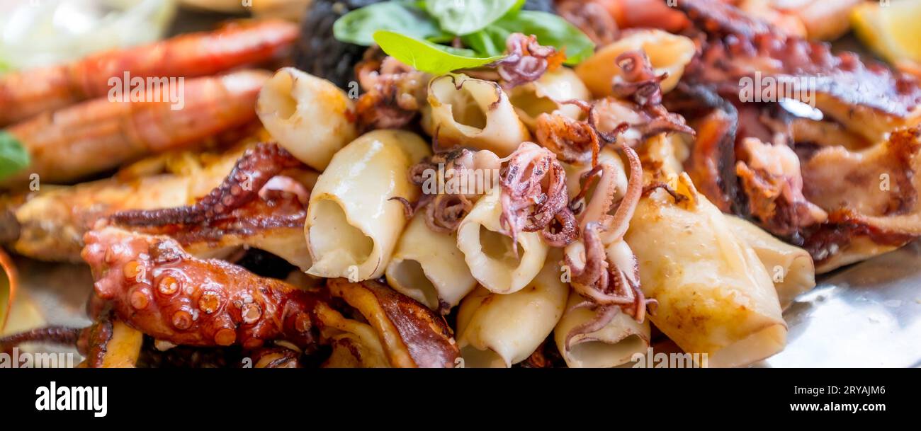 Roasted Mixed Seafood plate with Calamari Squids, prawns and Grilled ...