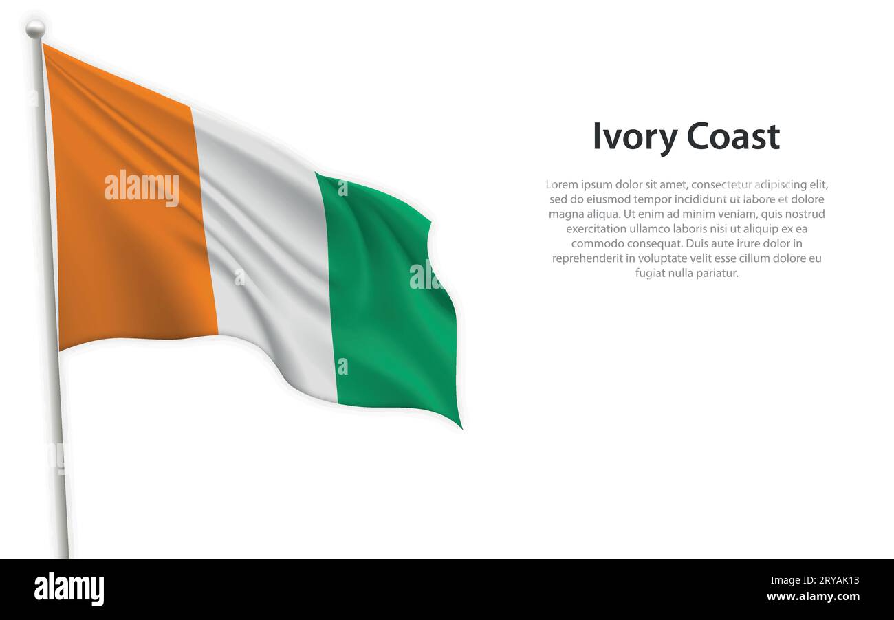 Waving flag of Ivory Coast on white background. Template for ...