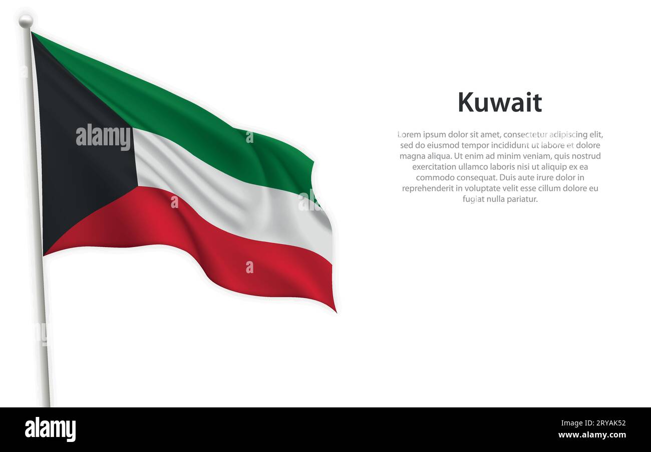 Waving flag of Kuwait on white background. Template for independence ...