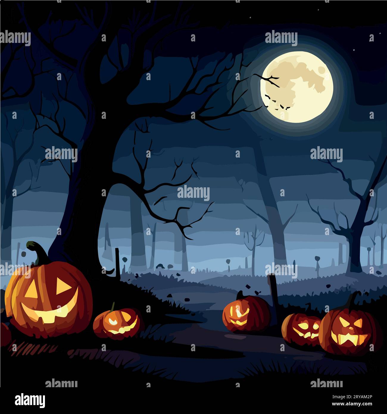 Halloween scene. Haunting nightmare hallowen background, cartoon horror ...
