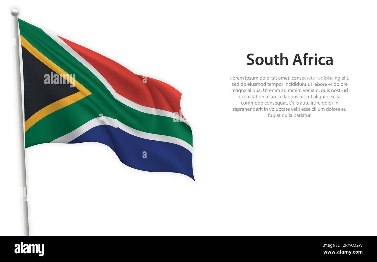 Waving flag of South Africa on white background. Template for independence day poster design ...
