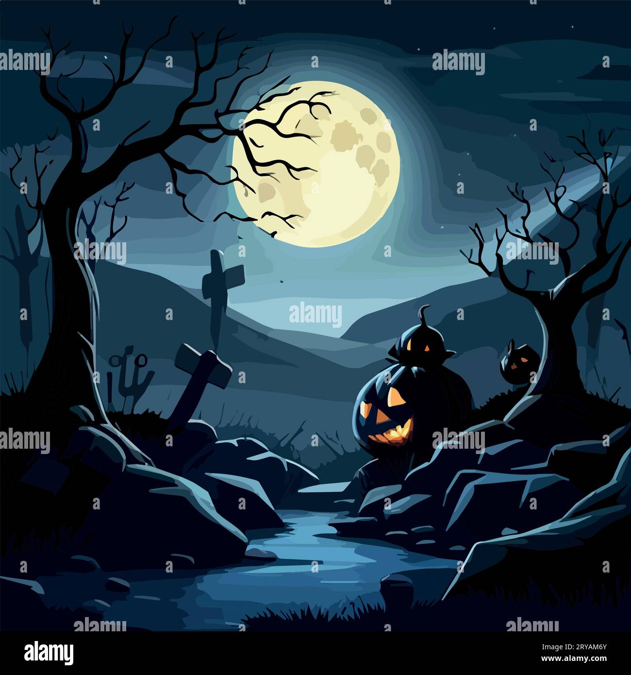 Halloween tradition symbols. Pumpkins and dark forest on blue Moon ...