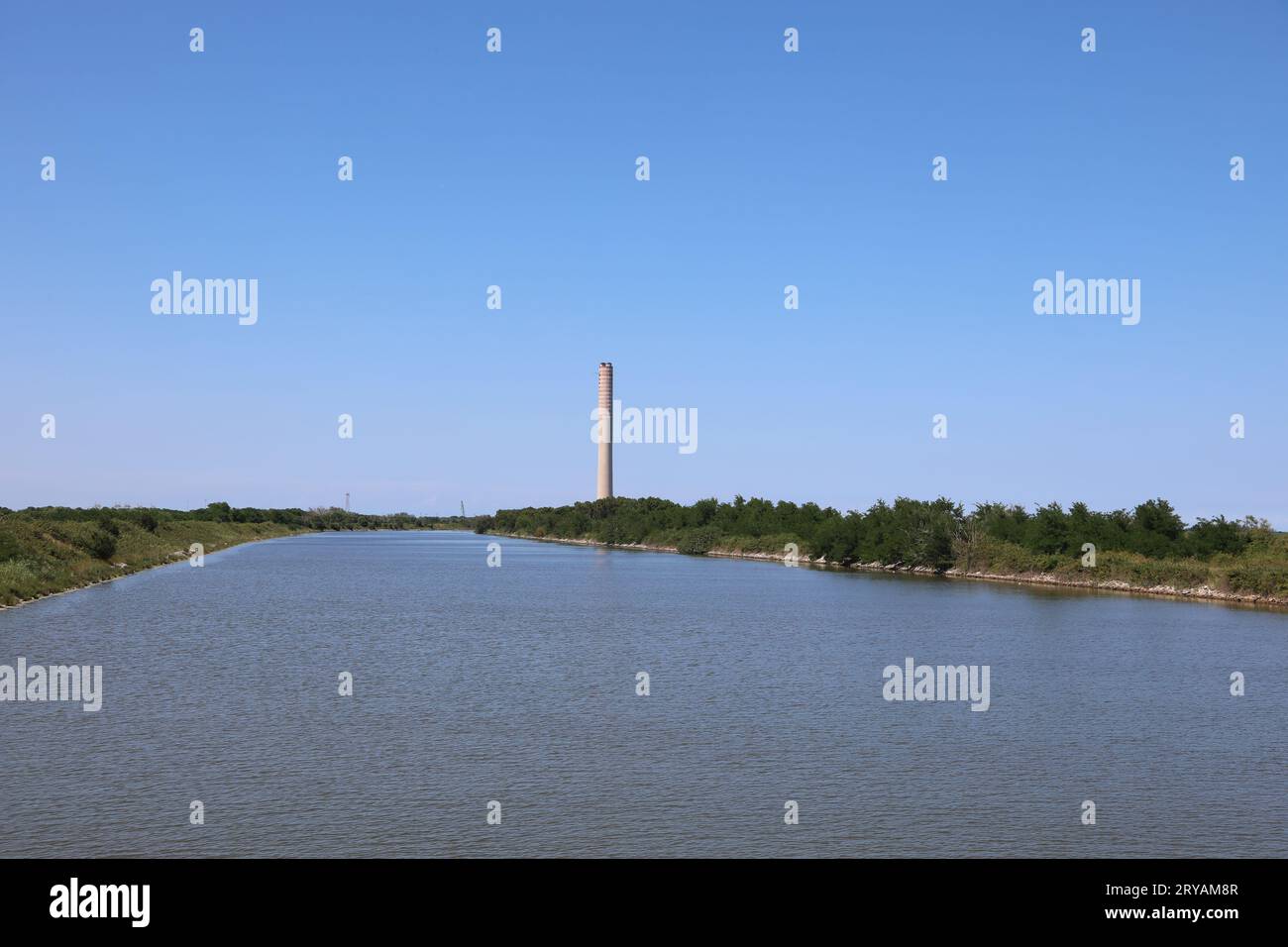 Porto Tolle, RO, Italy - July 5, 2023:Chimney of thermoelectric plant ...