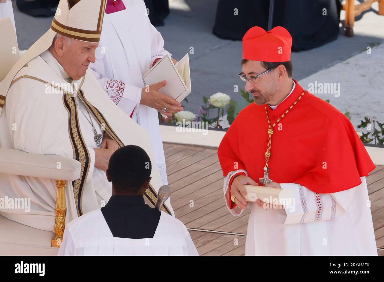 Newly elected Cardinal José Cobo Cano, Archbishop of Madrid, right ...