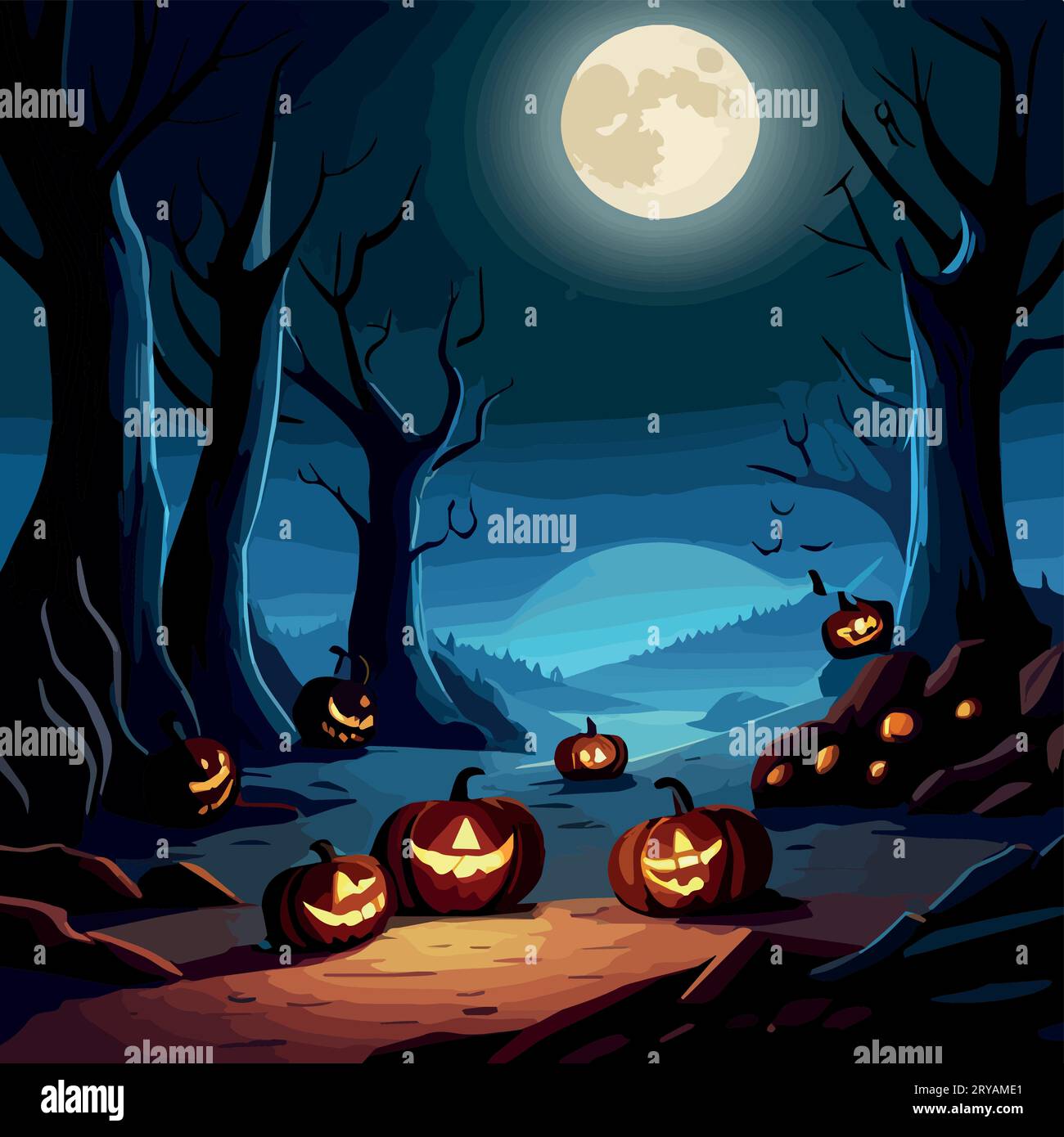 Halloween tradition symbols. Pumpkins and dark forest on blue Moon ...