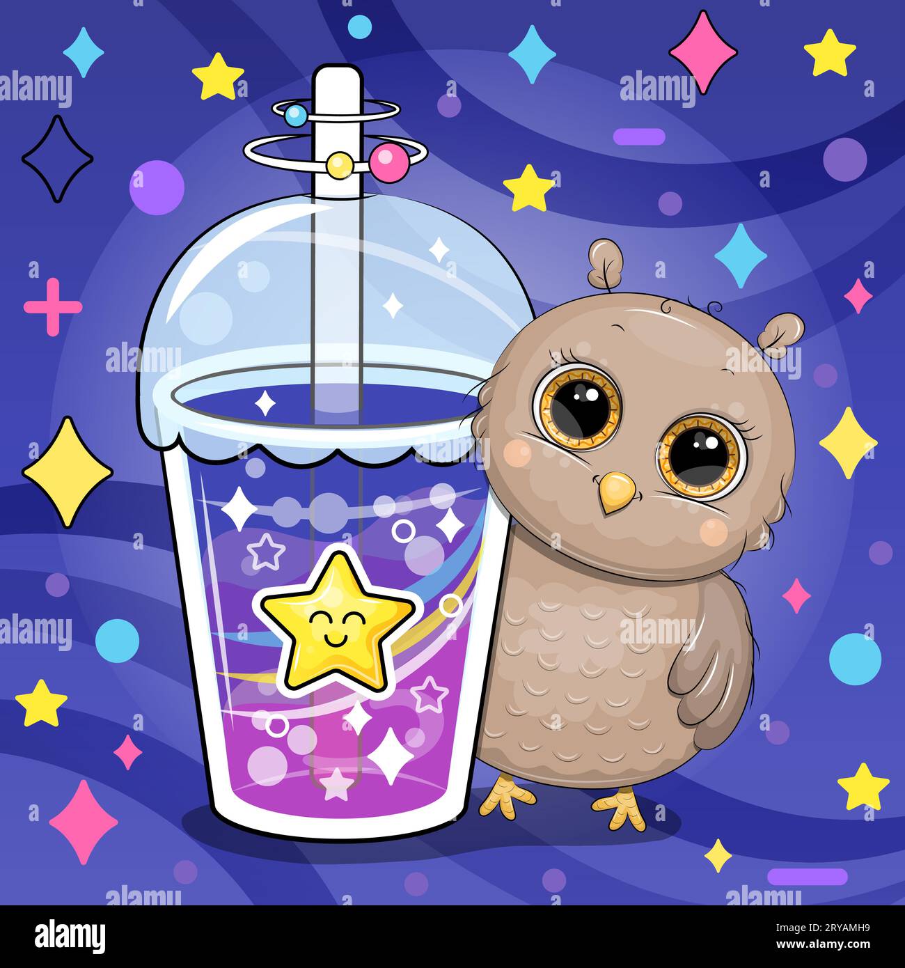 Cute cartoon owl with star drink. Vector illustration of an animal and ...