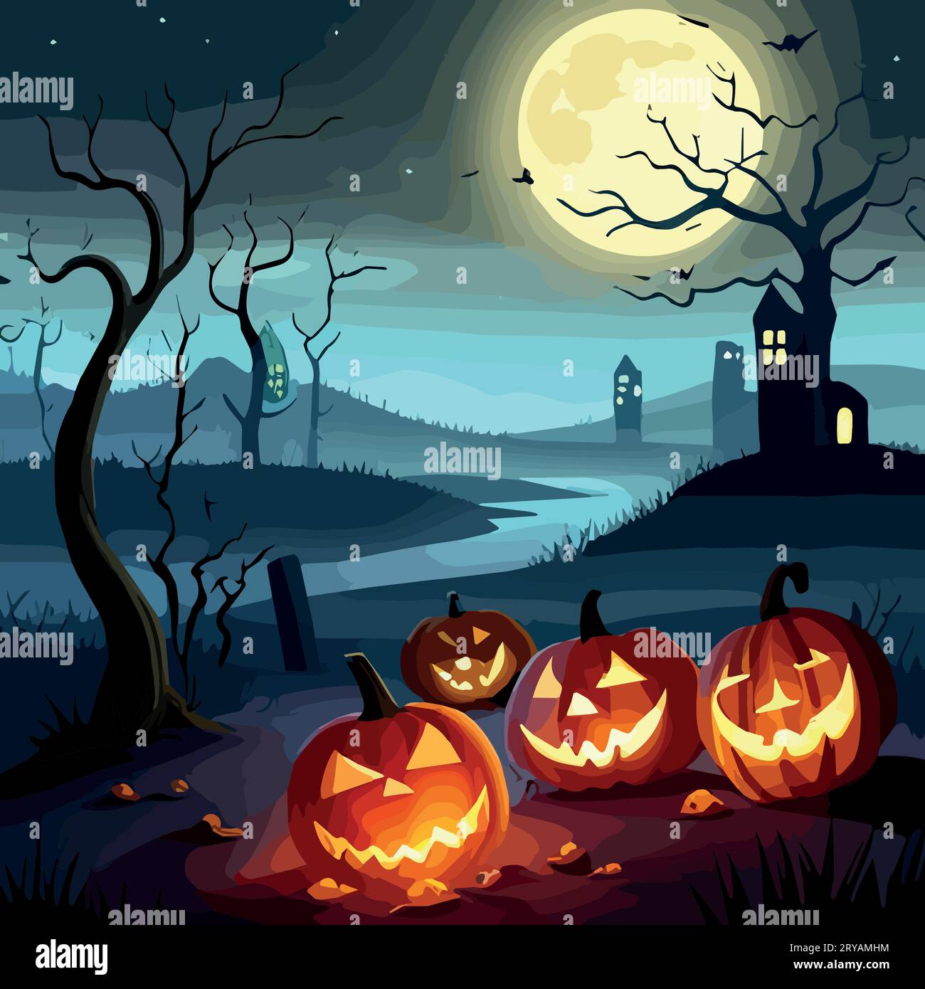 Halloween scene. Haunting nightmare hallowen background, cartoon horror ...