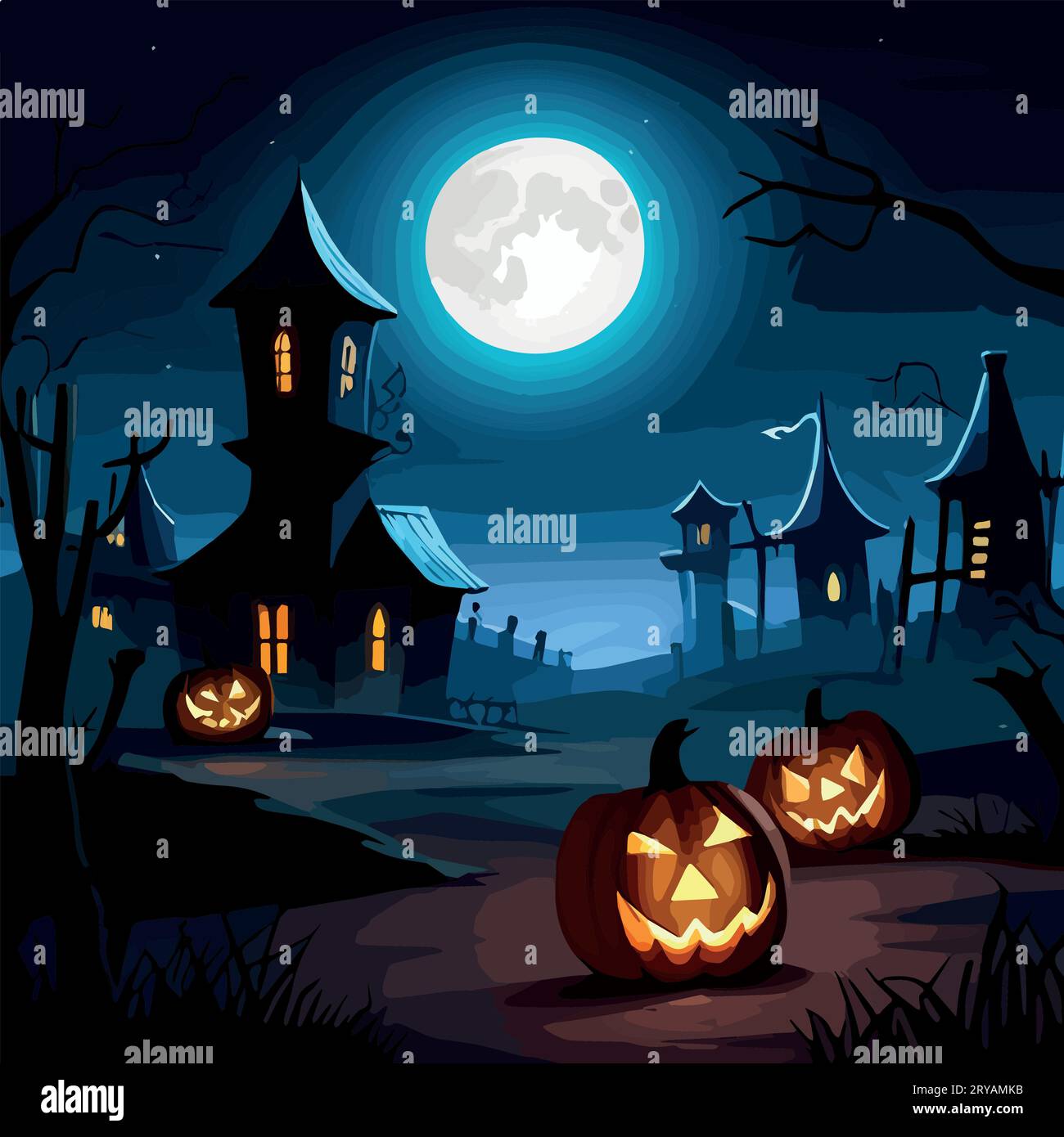 Halloween scene. Haunting nightmare hallowen background, cartoon horror ...