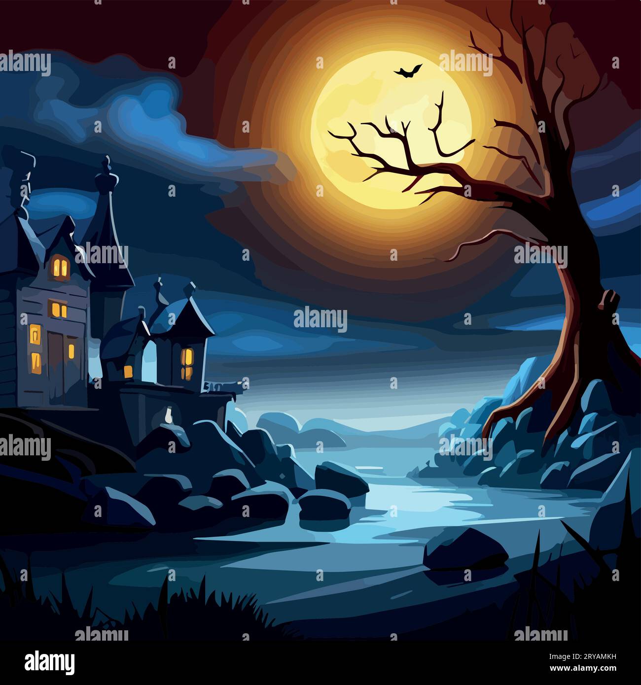 Halloween scene. Haunting nightmare hallowen background, cartoon horror scenery scary ghost at ...
