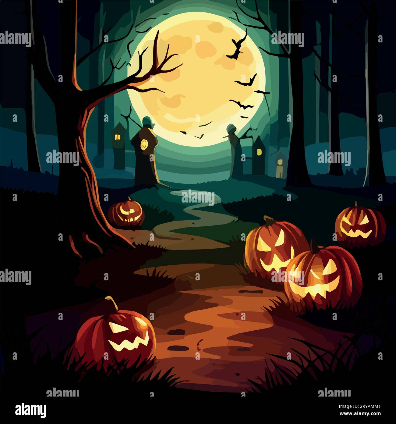 Halloween Pumpkins and Silhouettes trees in dark night forest with blue ...