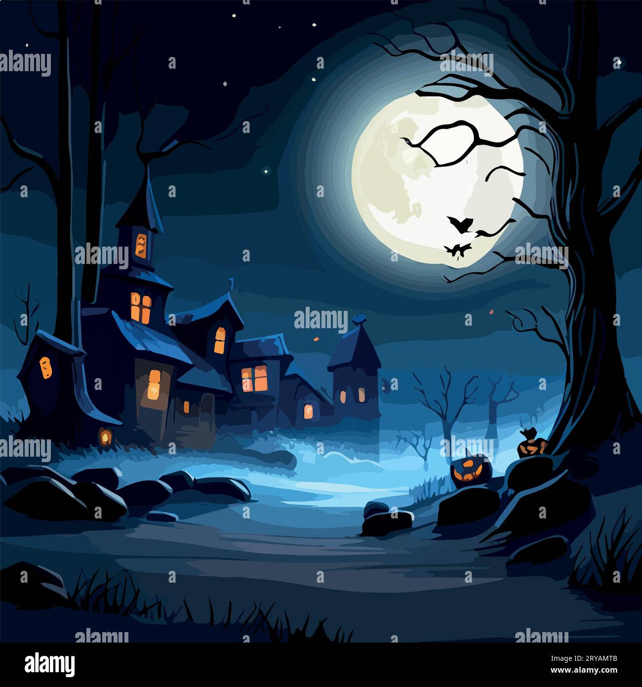 Halloween scene. Haunting nightmare hallowen background, cartoon horror ...