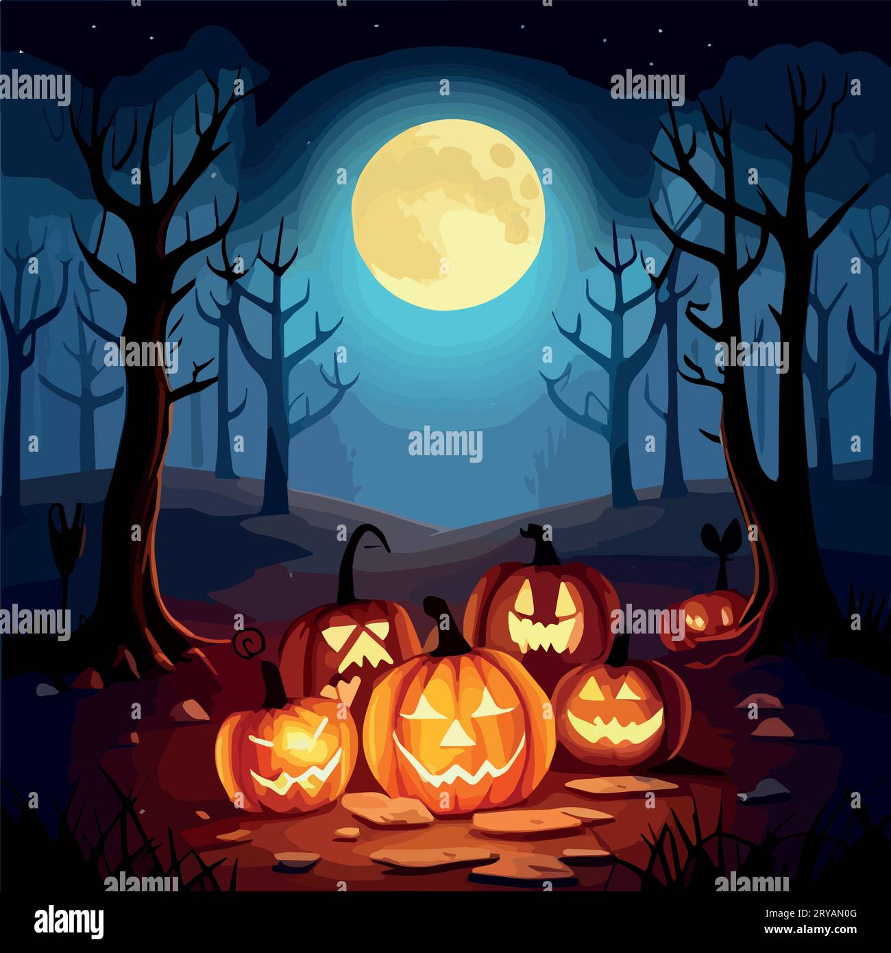 Halloween spooky background, scary pumpkins scene. Scary creepy forest ...