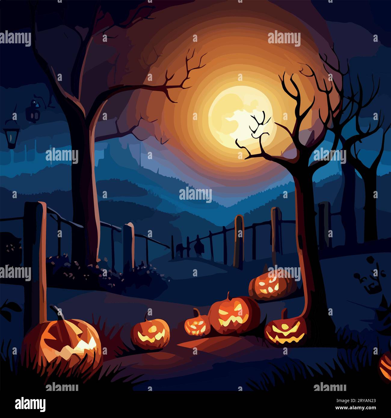 Halloween scene. Haunting nightmare hallowen background, cartoon horror ...
