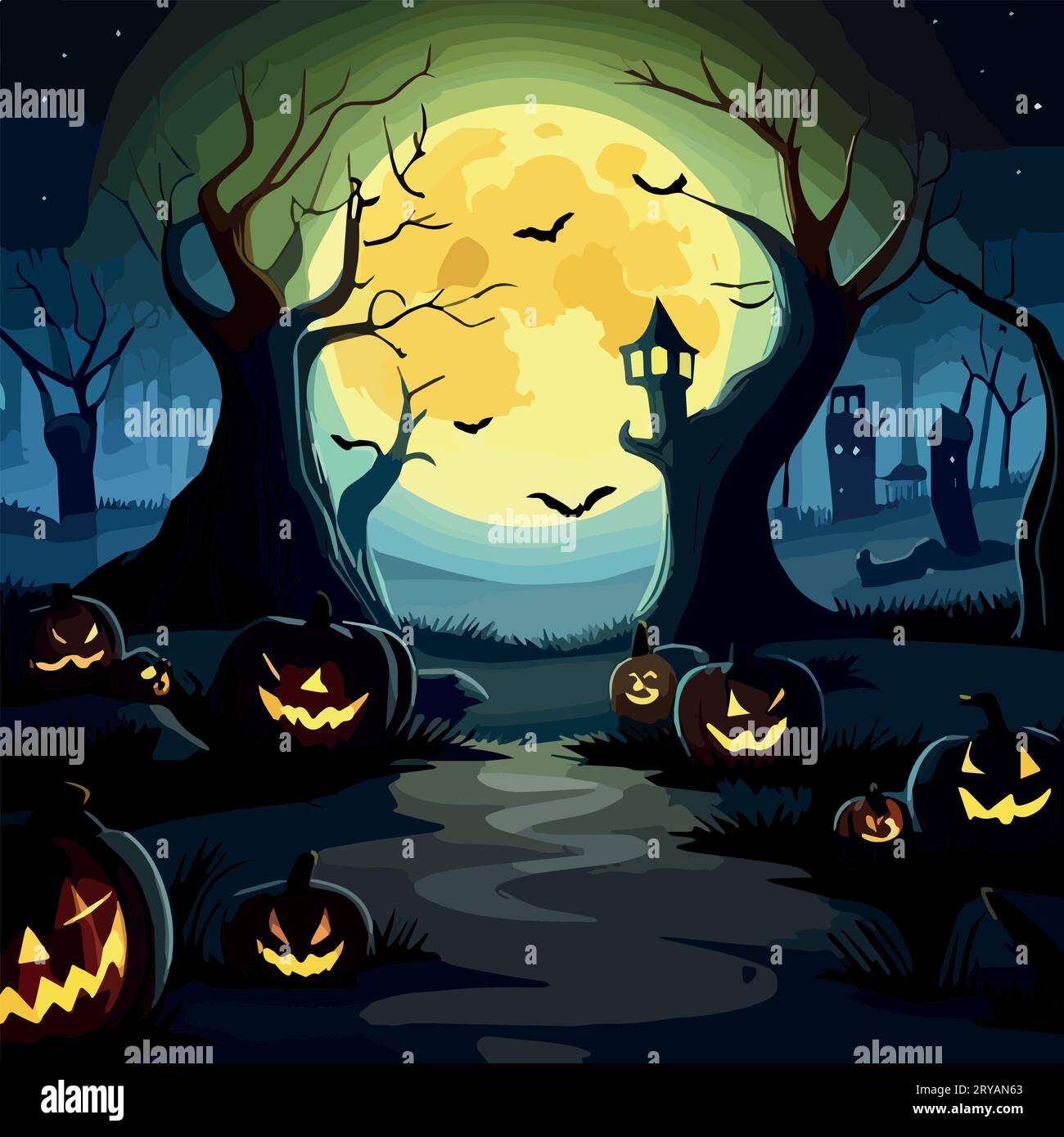 Halloween scene. Haunting nightmare hallowen background, cartoon horror ...