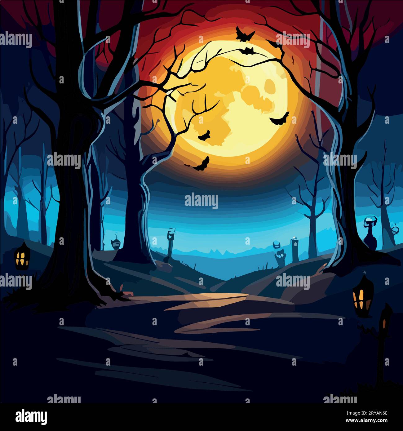 Halloween Pumpkins and Silhouettes trees in dark night forest with blue ...