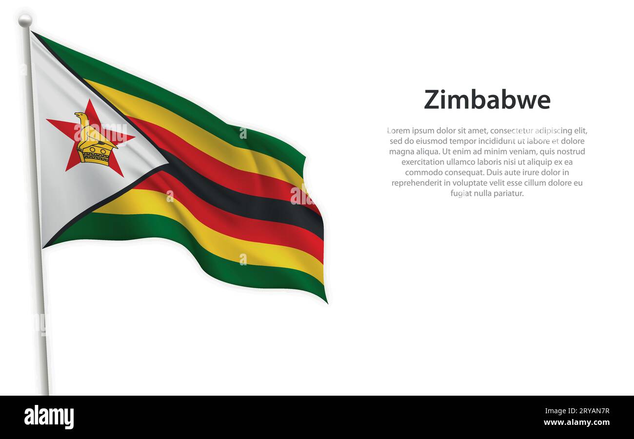 Waving flag of Zimbabwe on white background. Template for independence ...