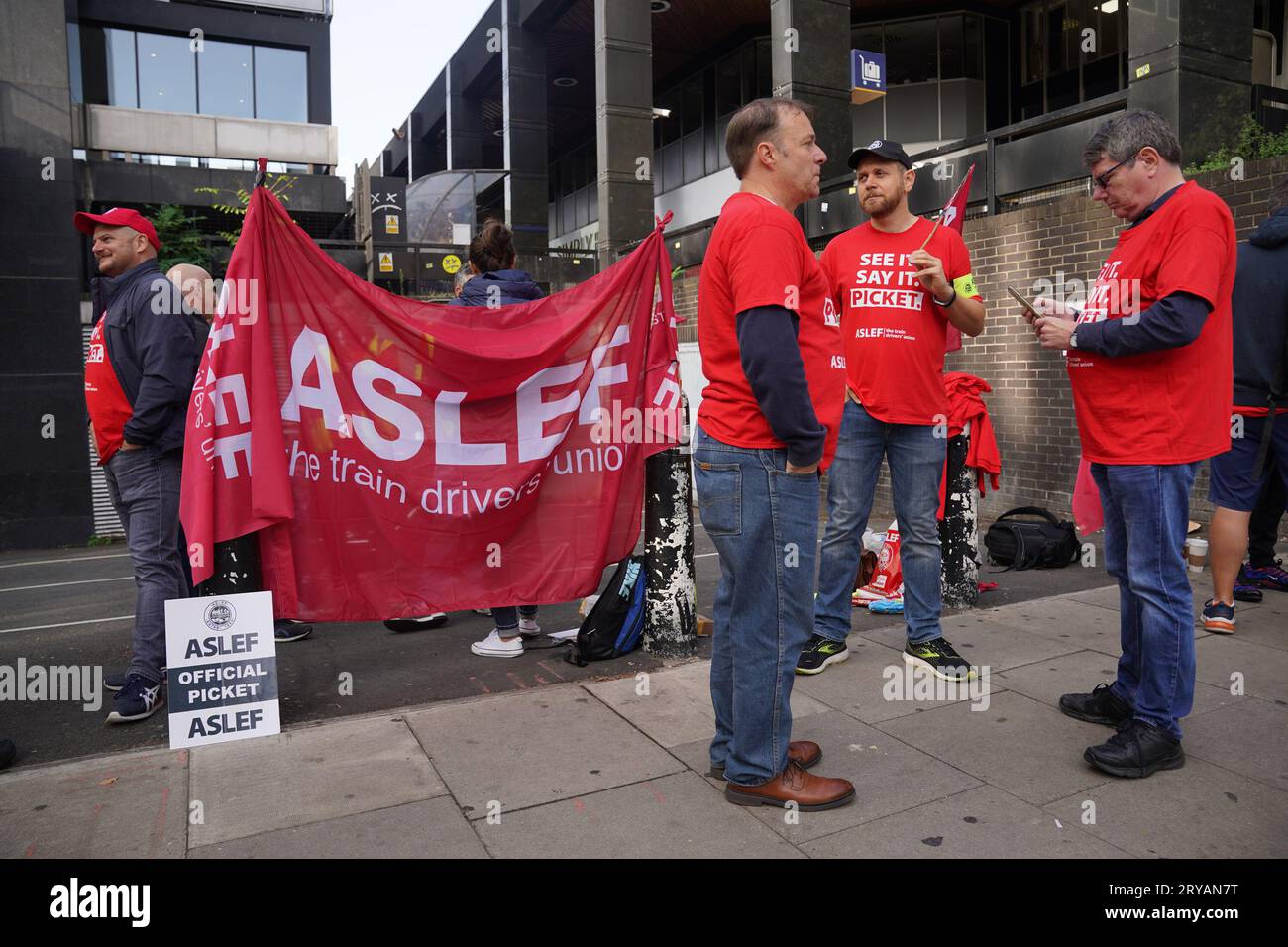 Aslef members on a picket line at Euston station in London, as part of ...