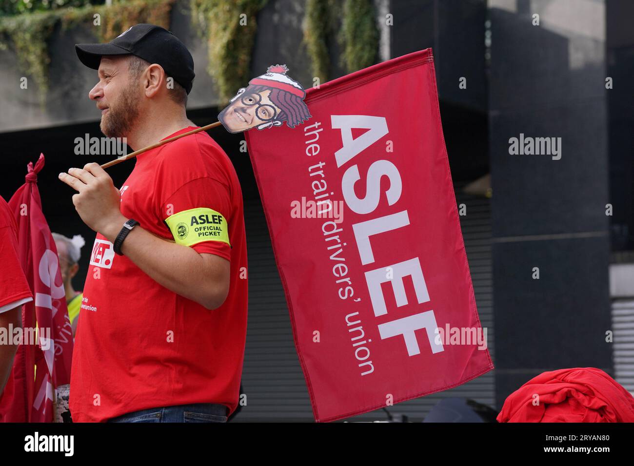 Aslef members on a picket line at Euston station in London, as part of ...