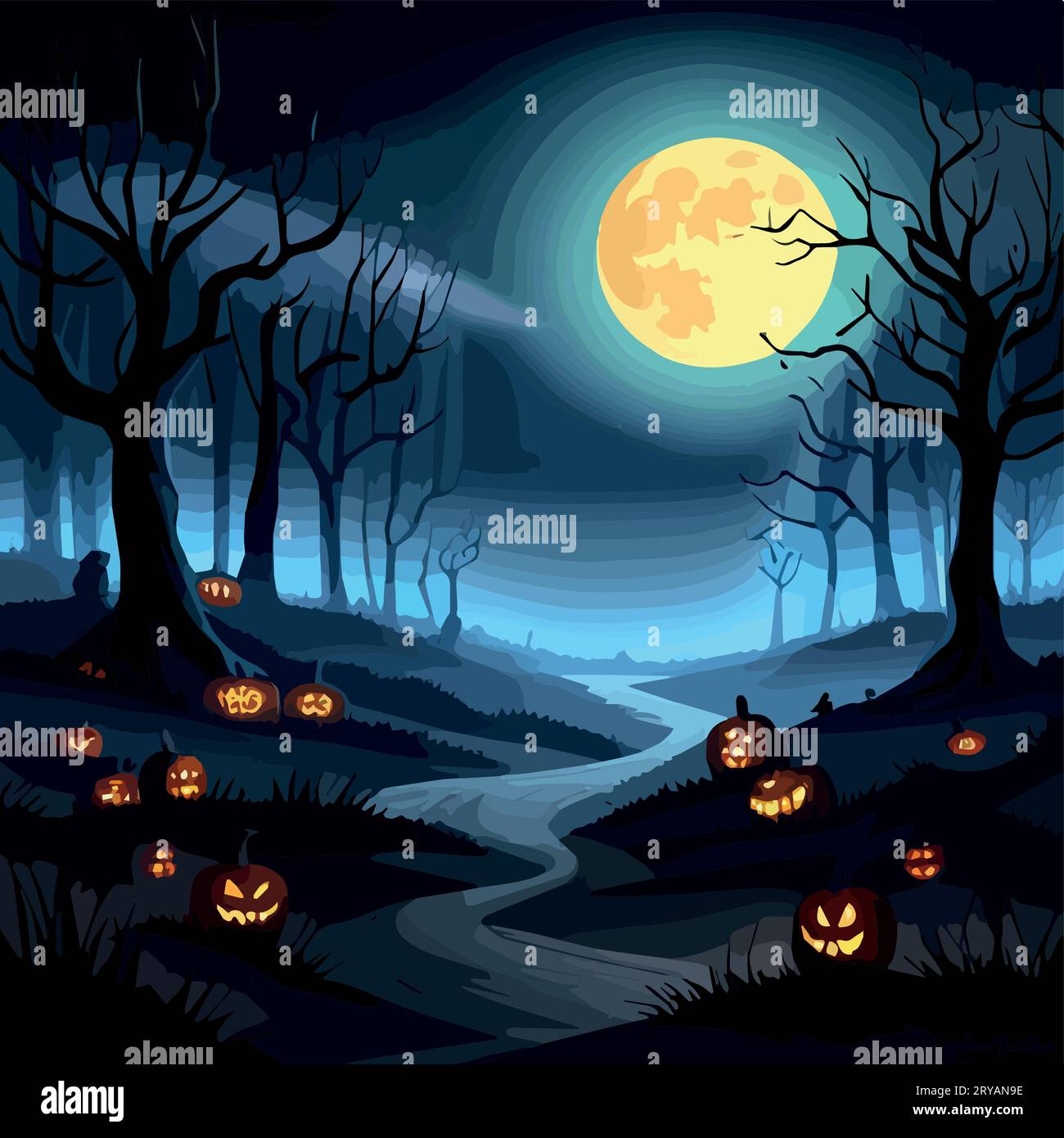 Halloween tradition symbols. Pumpkins and dark forest on blue Moon ...