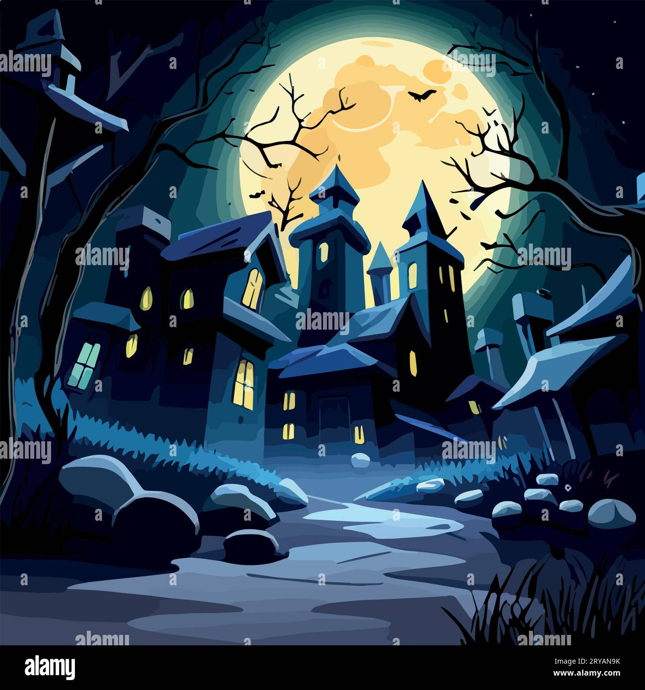 Halloween Pumpkins and Silhouettes trees in dark night forest with blue ...