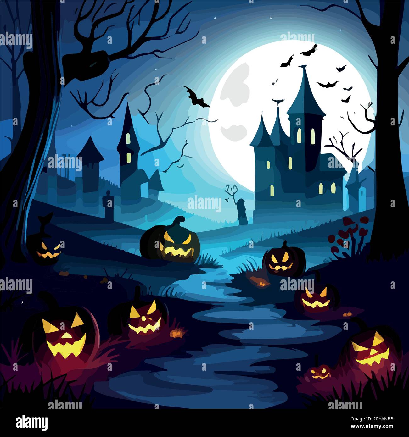 Halloween tradition symbols. Pumpkins and dark forest on blue Moon ...