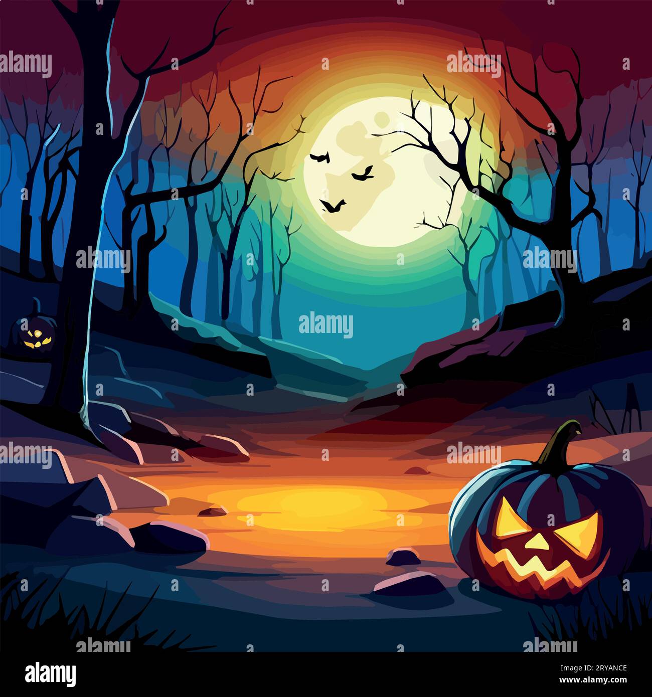 Halloween scene. Haunting nightmare hallowen background, cartoon horror ...