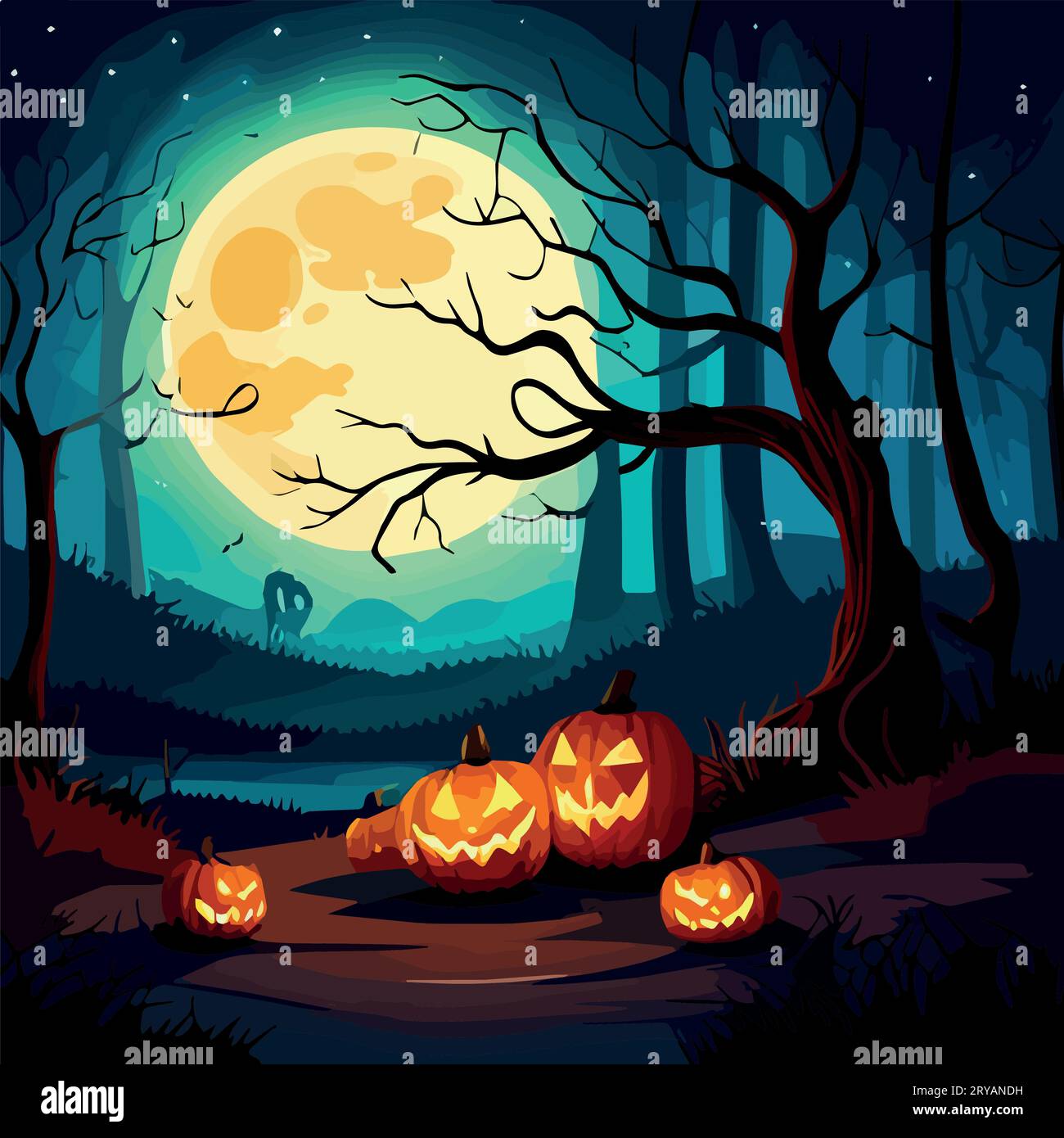Halloween spooky background, scary pumpkins scene. Scary creepy forest ...