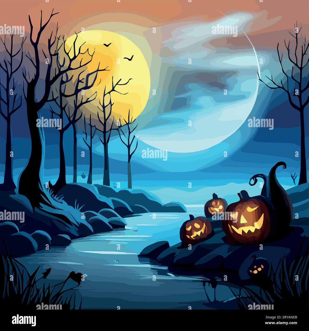 Halloween scene. Haunting nightmare hallowen background, cartoon horror ...
