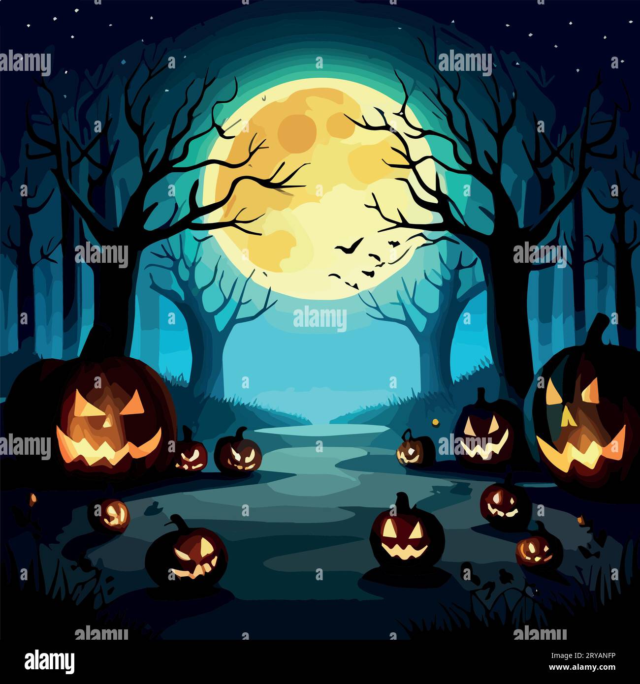 Halloween scene. Haunting nightmare hallowen background, cartoon horror ...