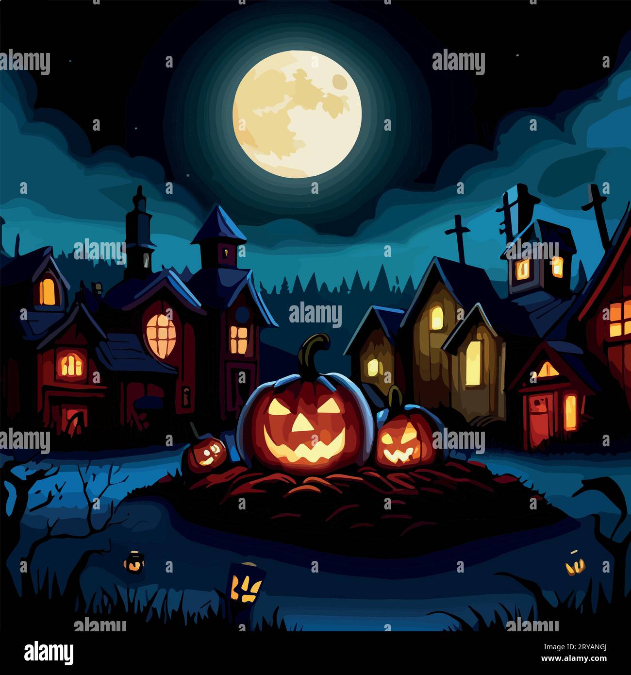 Halloween tradition symbols. Pumpkins and dark forest on blue Moon ...