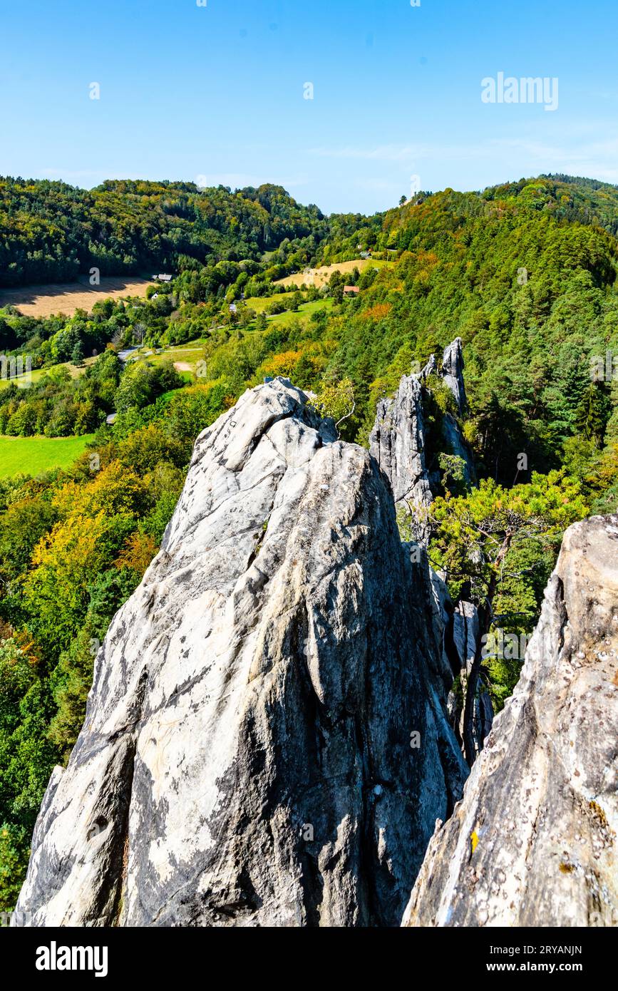 Spiky sandstone rock formation near Mala Skala. Landscape of Bohemian ...