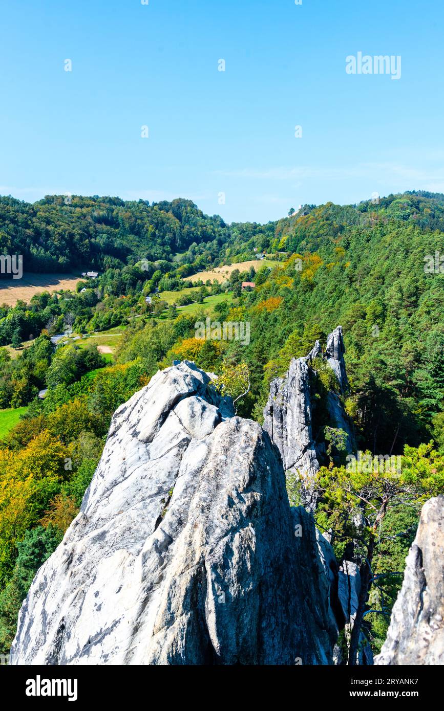 Spiky sandstone rock formation near Mala Skala. Landscape of Bohemian ...