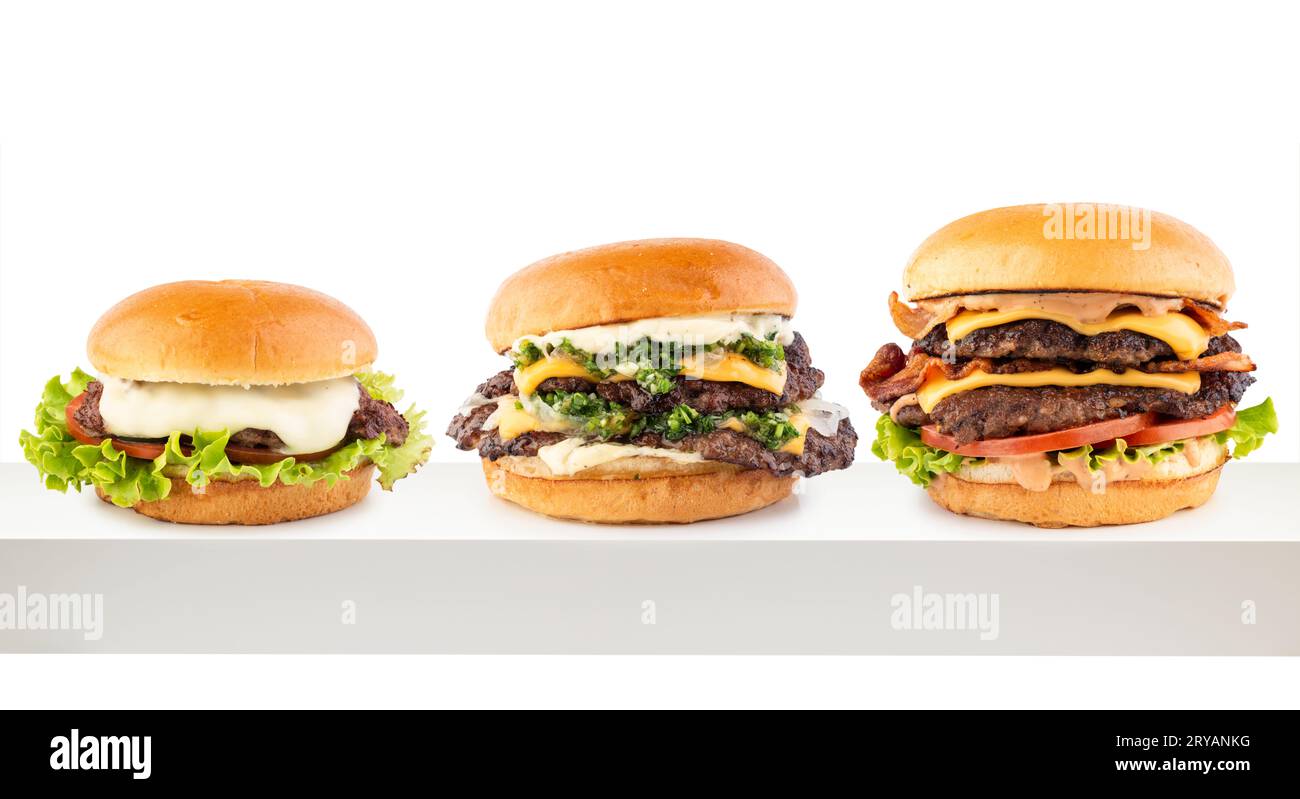 Variety of hamburger on white shelf Stock Photo - Alamy
