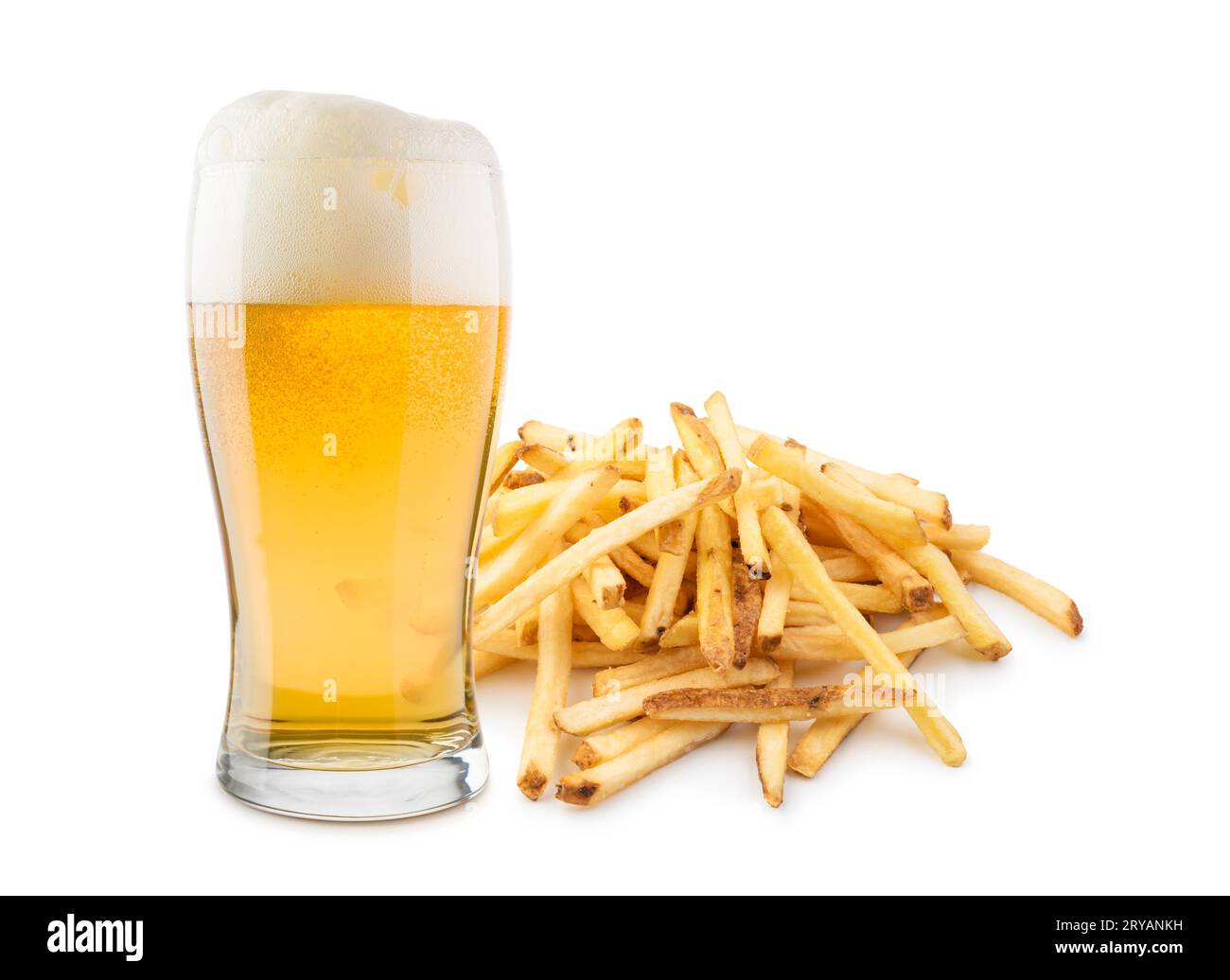 Glass of blonde beer with french fries on white background Stock Photo ...
