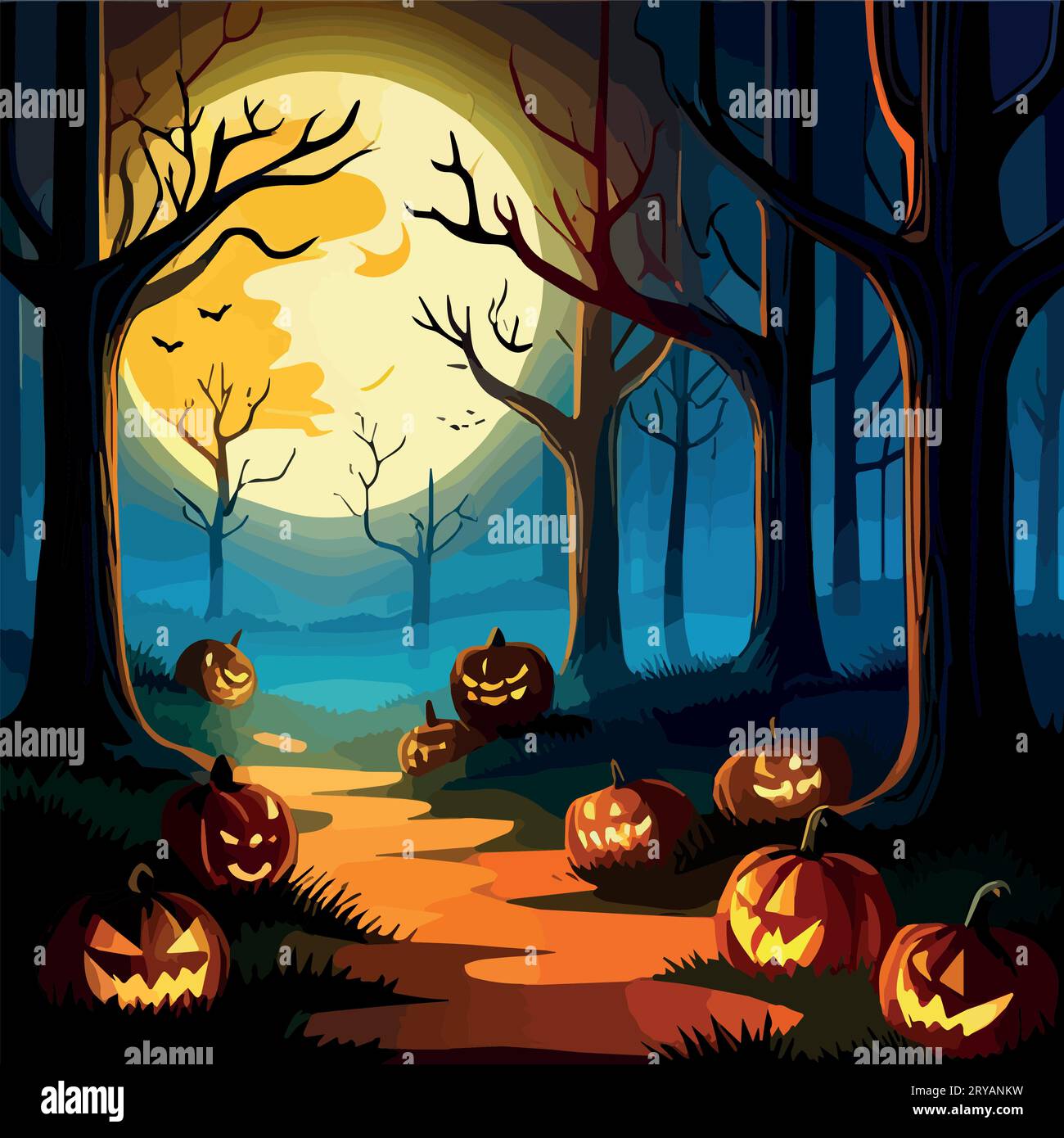 Halloween scene. Haunting nightmare hallowen background, cartoon horror ...