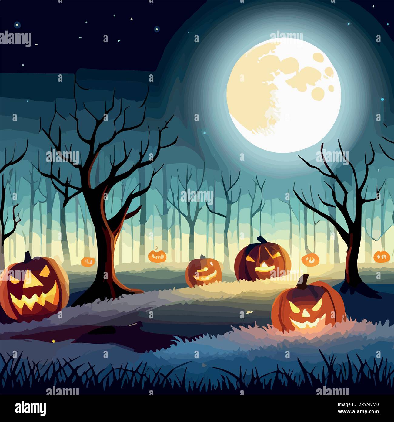 Halloween scene. Night Mysterious Misty Forest with glowing pumpkins ...