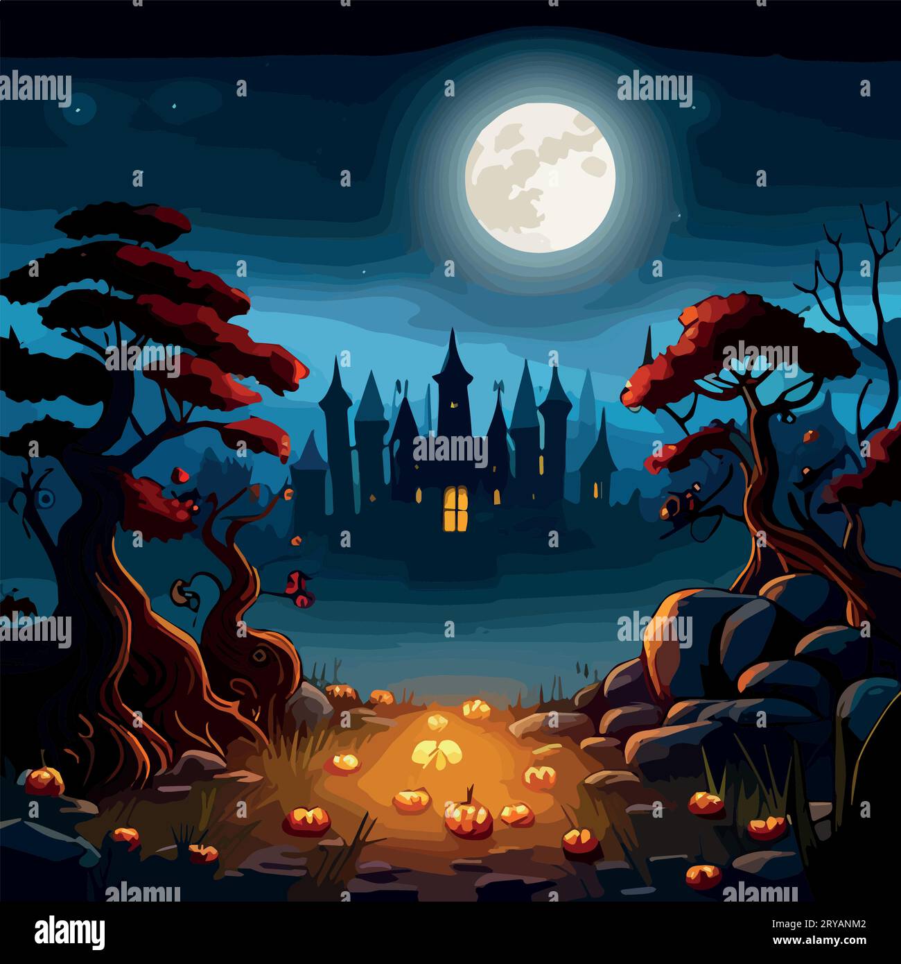 Halloween scene. Haunting nightmare hallowen background, cartoon horror ...