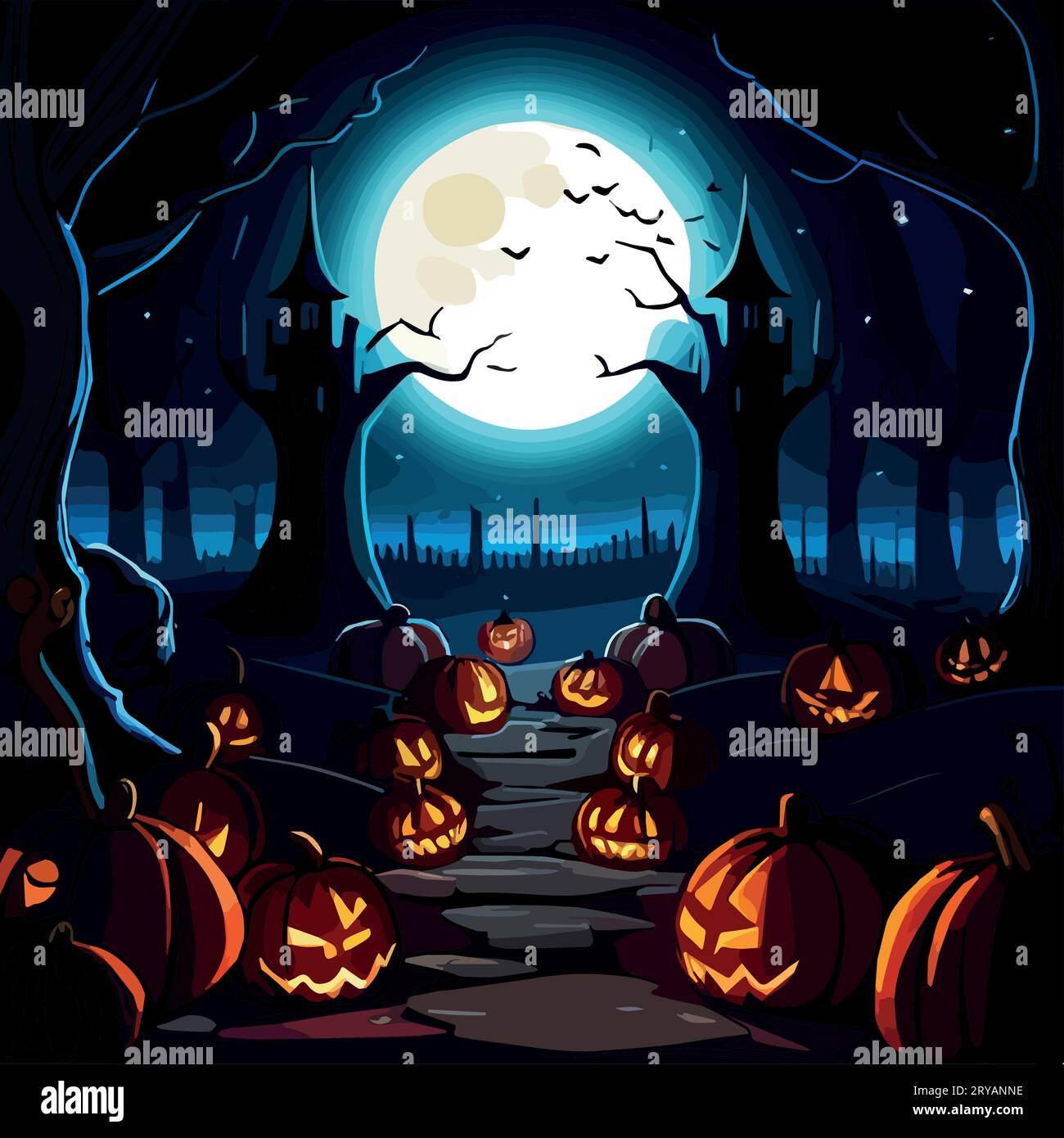 Halloween scene. Haunting nightmare hallowen background, cartoon horror ...
