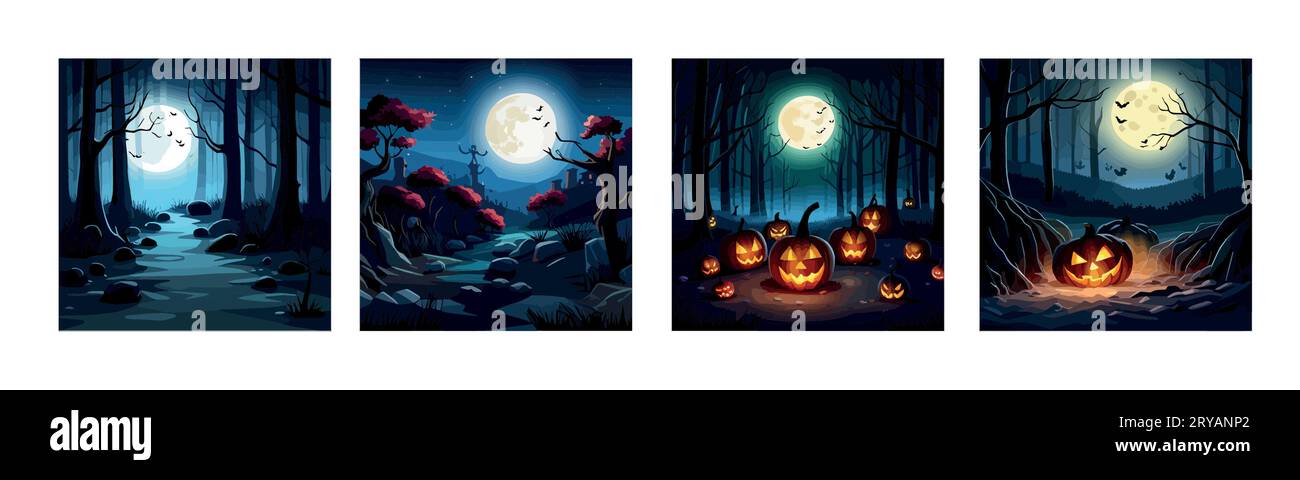 Set banner Halloween spooky scary pumpkins scene. Scary creepy forest ...