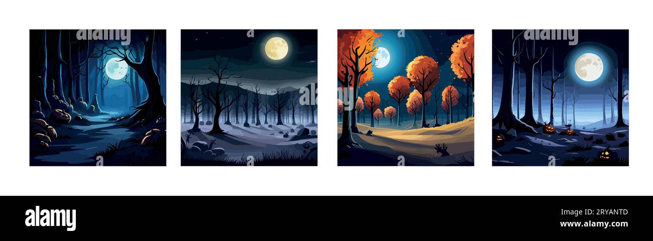 Set banner Halloween spooky scary pumpkins scene. Scary creepy forest ...