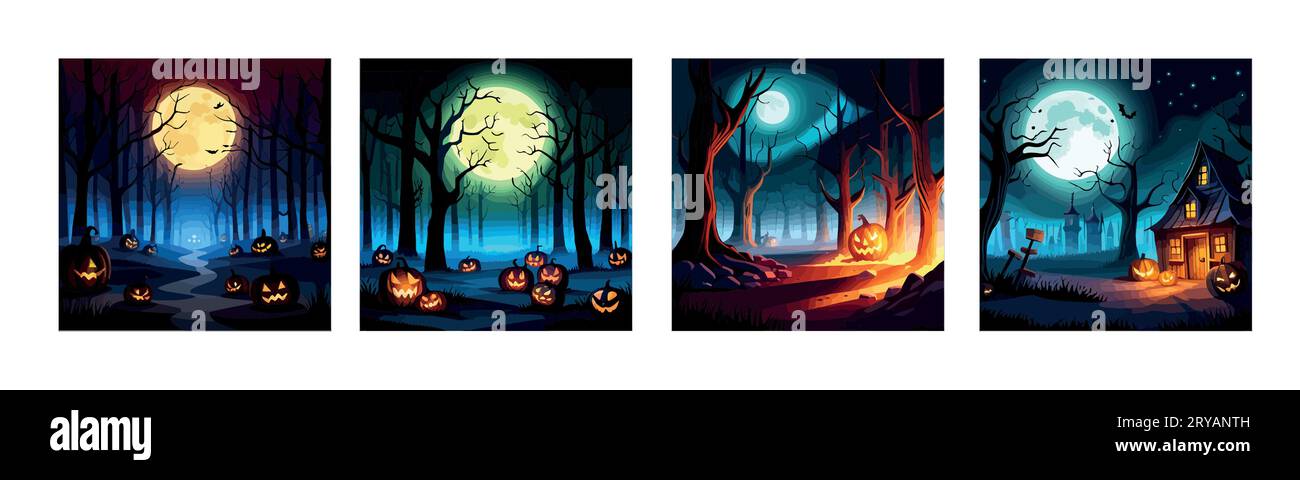 Set banner Halloween spooky scary pumpkins scene. Scary creepy forest ...