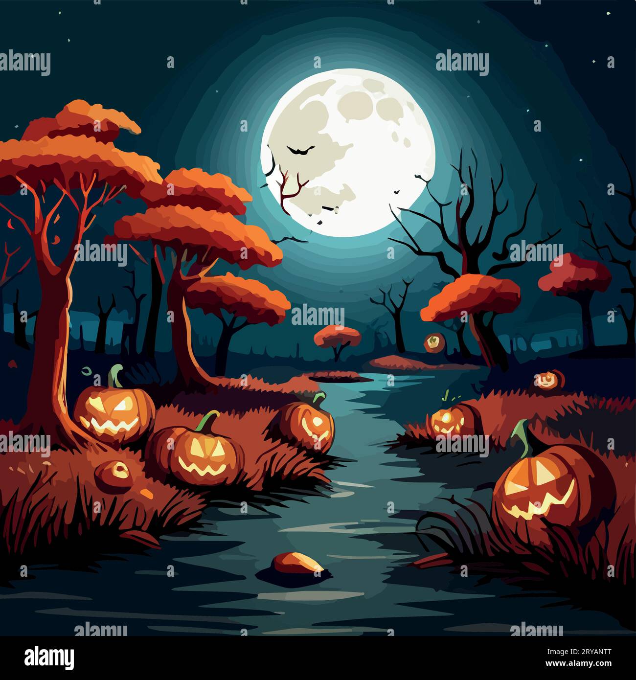 Halloween scene. Haunting nightmare hallowen background, cartoon horror ...
