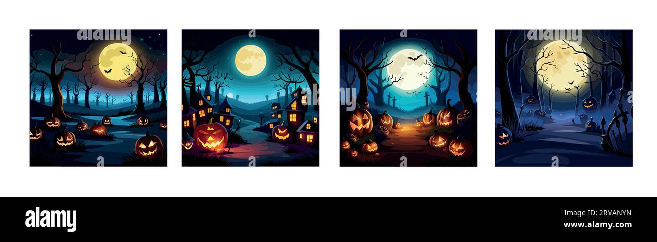 Set banner Halloween spooky scary pumpkins scene. Scary creepy forest ...