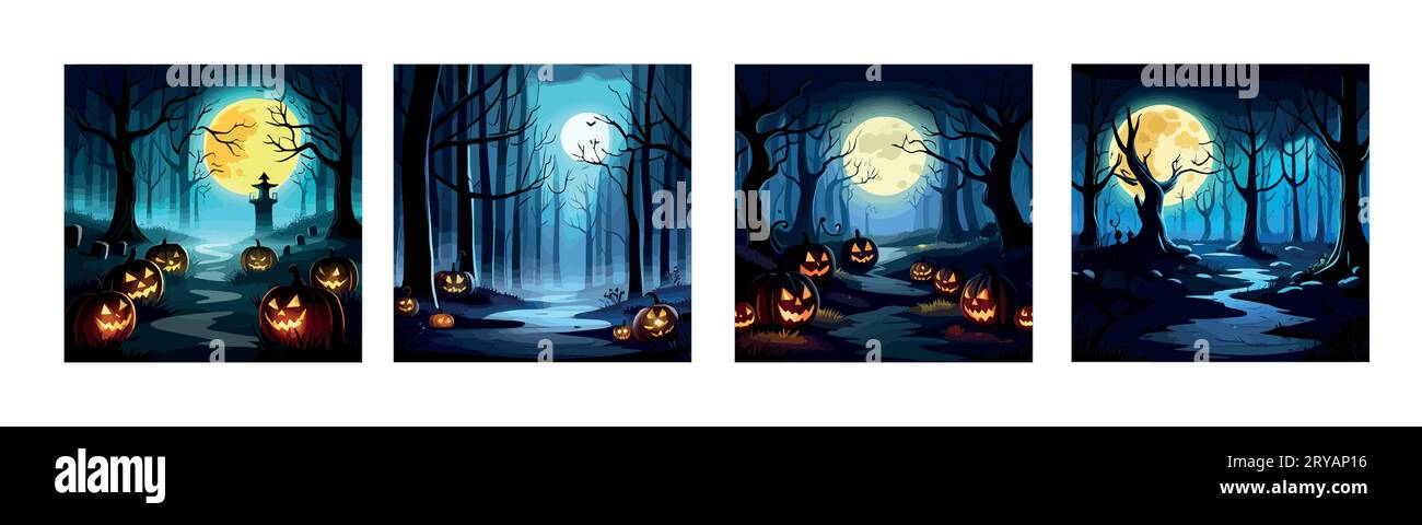 Set banner Halloween spooky scary pumpkins scene. Scary creepy forest ...