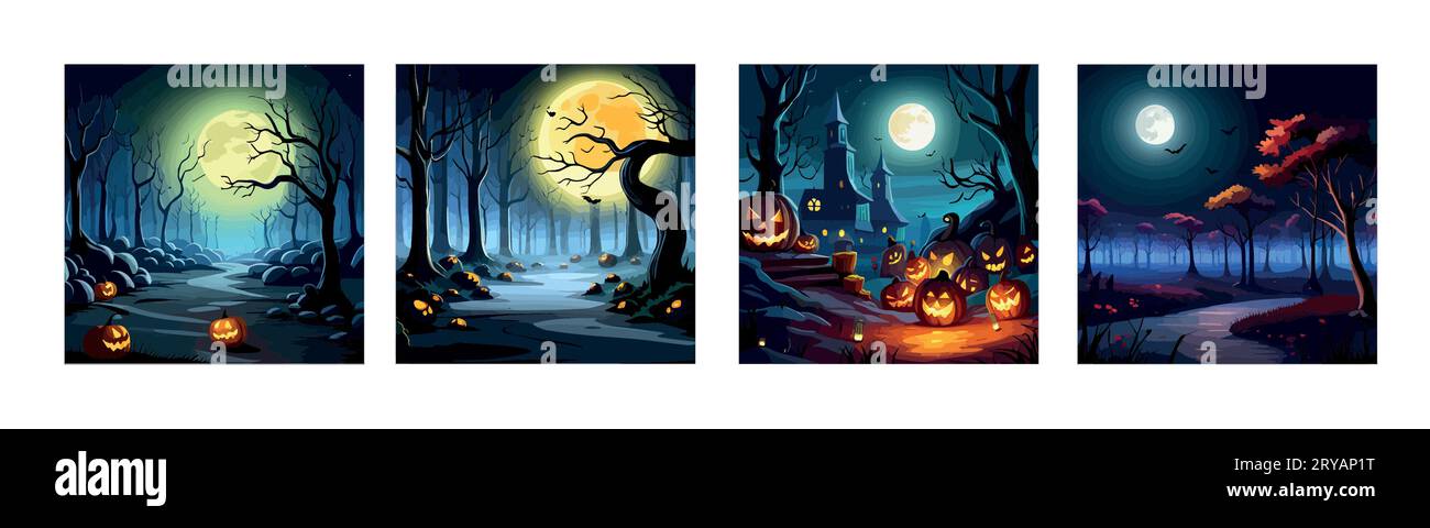 Set banner Halloween spooky scary pumpkins scene. Scary creepy forest ...
