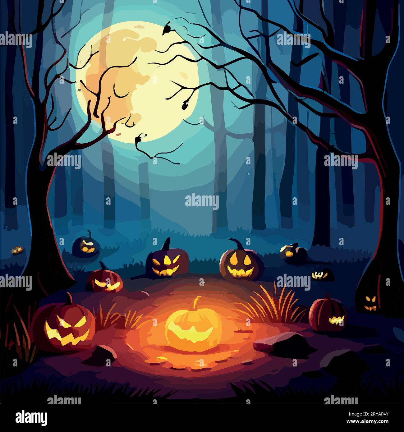 Halloween scene. Night Mysterious Misty Forest with glowing pumpkins ...