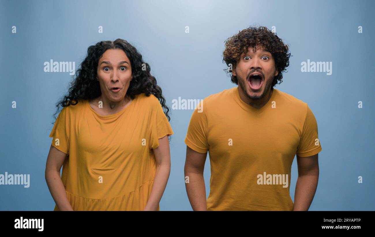 Amazed emotional shock wonder surprised excited happy shocked couple ...