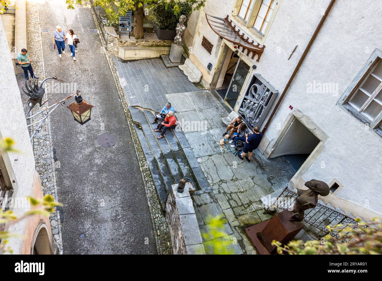 Entrance to the HR Giger Museum in St. Germain Castle in Gruyères on ...