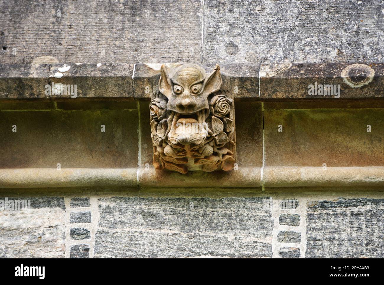 A vintage stone gargoyle with batlike ears and demonic eyes looks out ...