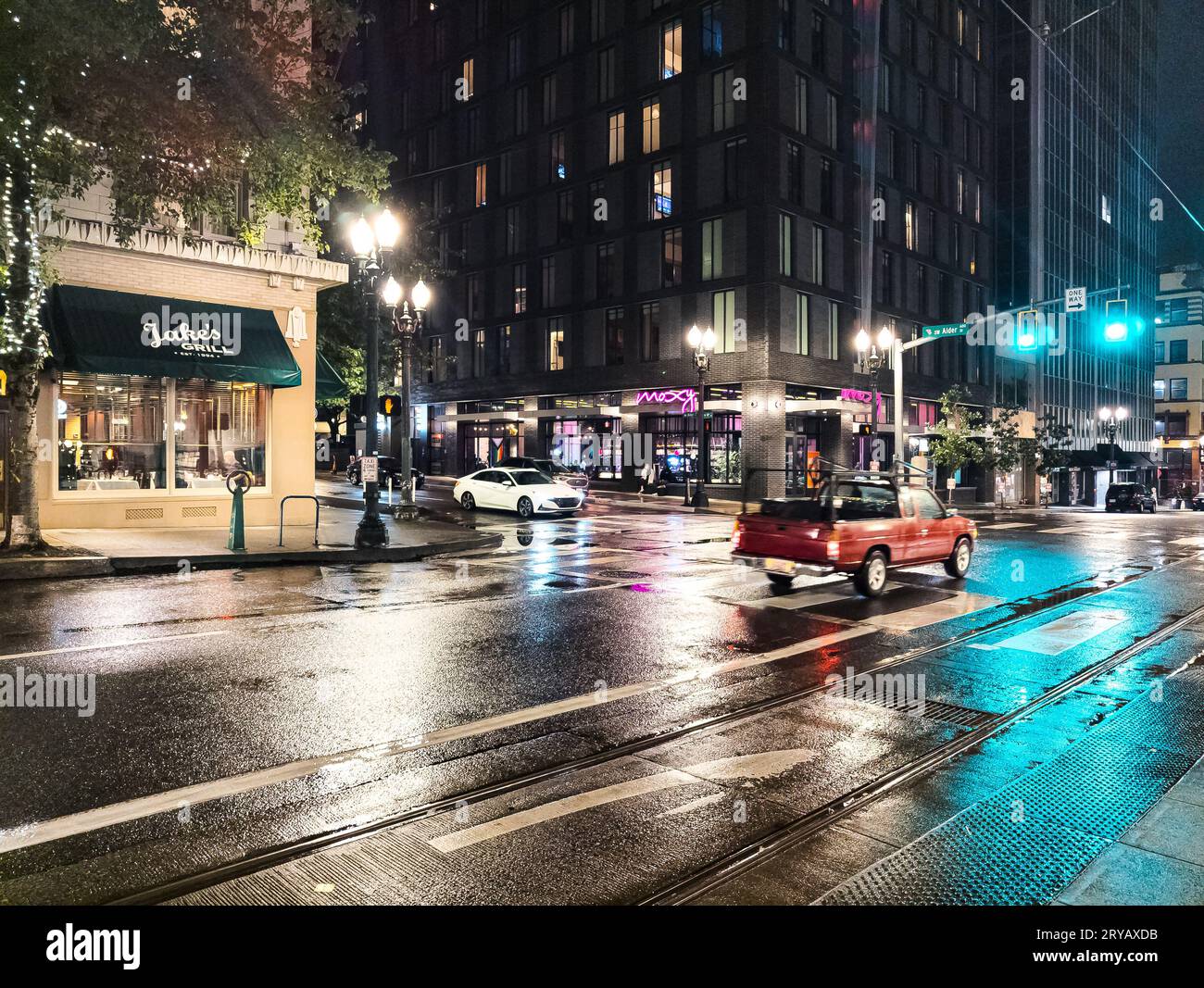 Portland, Oregon, USA - 09.28.2023: Evening on the streets of Portland ...